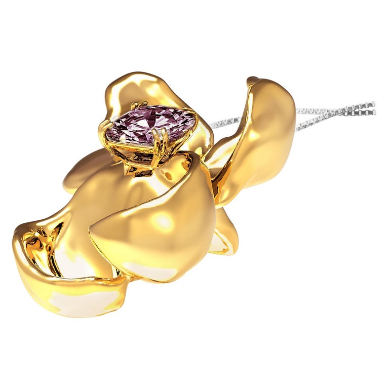 Yellow Gold Contemporary Magnolia Pendant Necklace with Berry Spinel ...