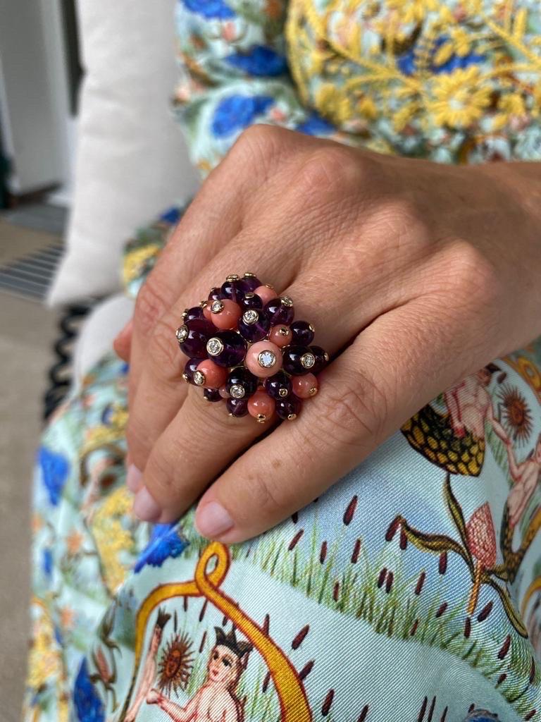 18 Karat Yellow Gold Coral Amethyst and Diamond Délices De Goa Ring by ...