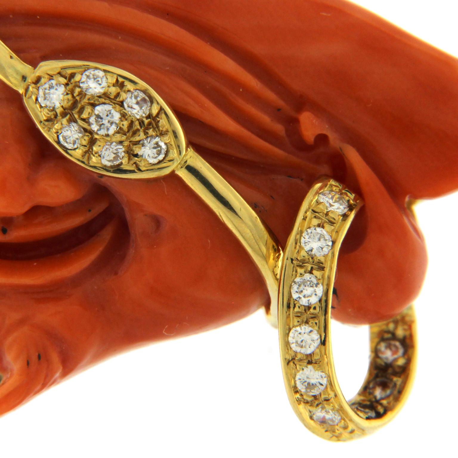 18 Karat Yellow Gold Coral Pin or Pendant with Diamonds at 1stDibs