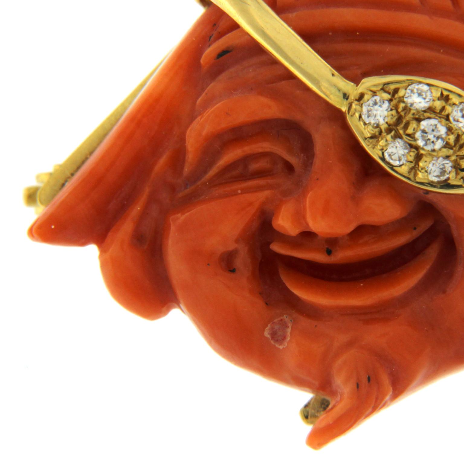 18 Karat Yellow Gold Coral Pin or Pendant with Diamonds at 1stDibs