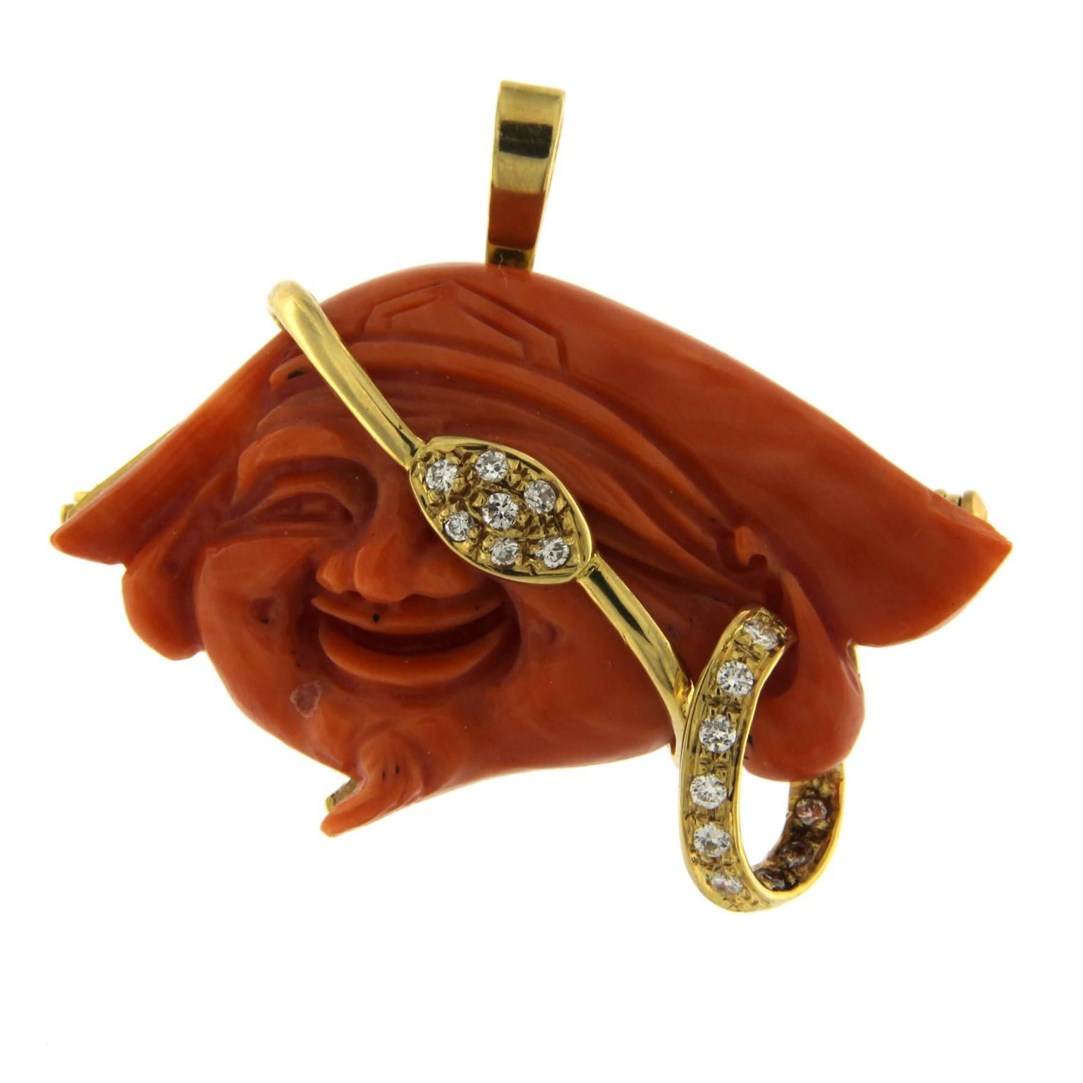 18 Karat Yellow Gold Coral Pin or Pendant with Diamonds at 1stDibs