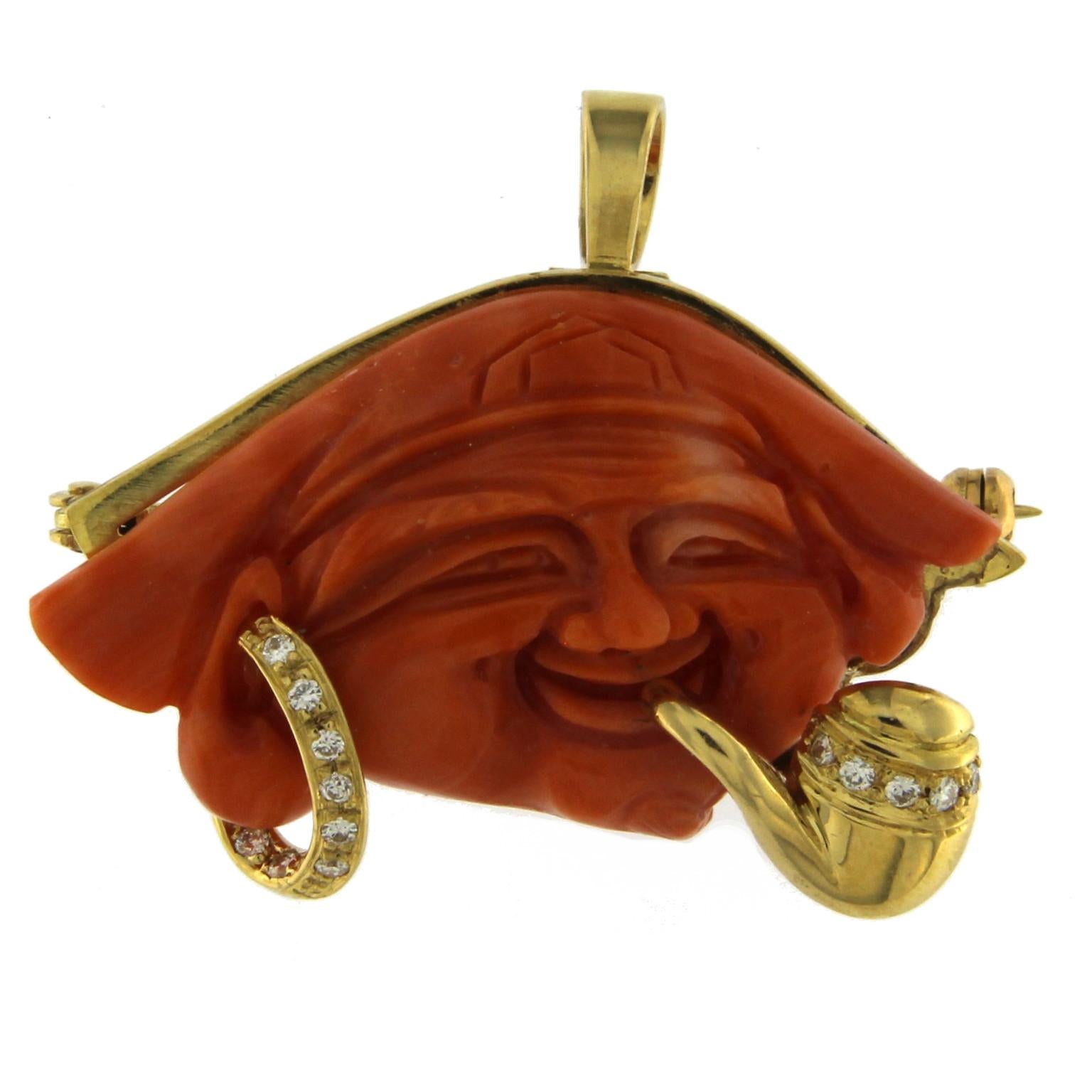 18 Karat Yellow Gold Coral Pin or Pendant with Diamonds For Sale at 1stDibs