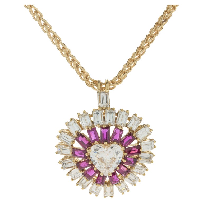 18 Karat Yellow Gold Diamond And Ruby Heart Explosion Necklace For Sale