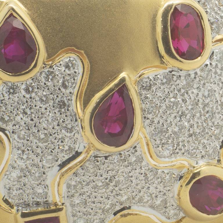 18 Karat Yellow Gold Diamond and Ruby Wide Bangle Bracelet For Sale at 1stDibs