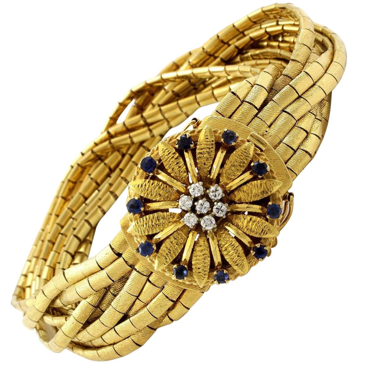 18 Karat Yellow Gold Diamond and Sapphire Vintage Spaghetti Strings ...