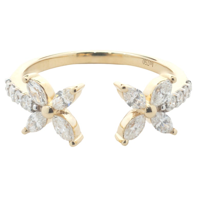 18 Karat Yellow Gold Diamond Floral Split Ring For Sale at 1stDibs