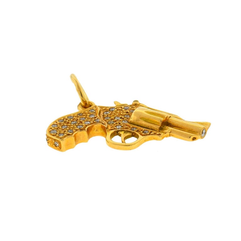 18 Karat Yellow Gold Diamond Gun Revolver Pendant 1.12 Carat For Sale ...