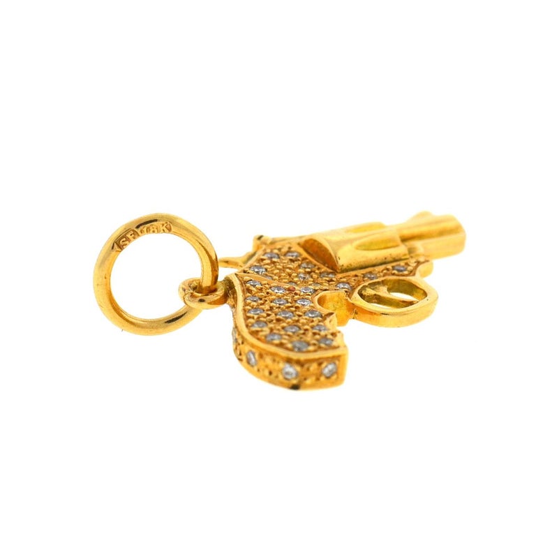 18 Karat Yellow Gold Diamond Gun Revolver Pendant 1.12 Carat For Sale ...