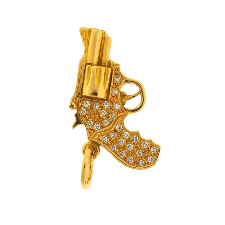 18 Karat Yellow Gold Diamond Gun Revolver Pendant 1.12 Carat For Sale ...