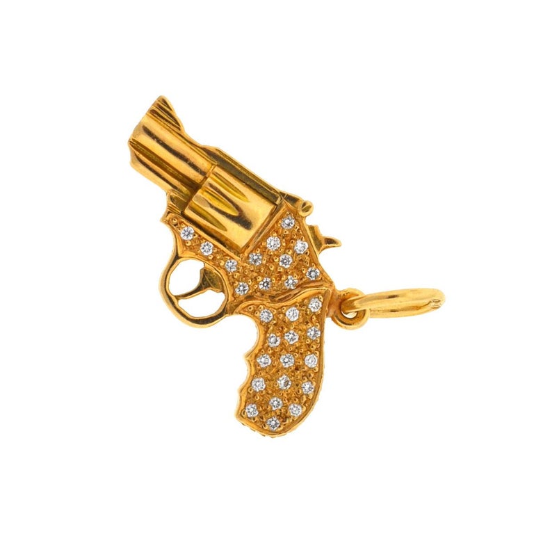 18 Karat Yellow Gold Diamond Gun Revolver Pendant 1.12 Carat For Sale ...