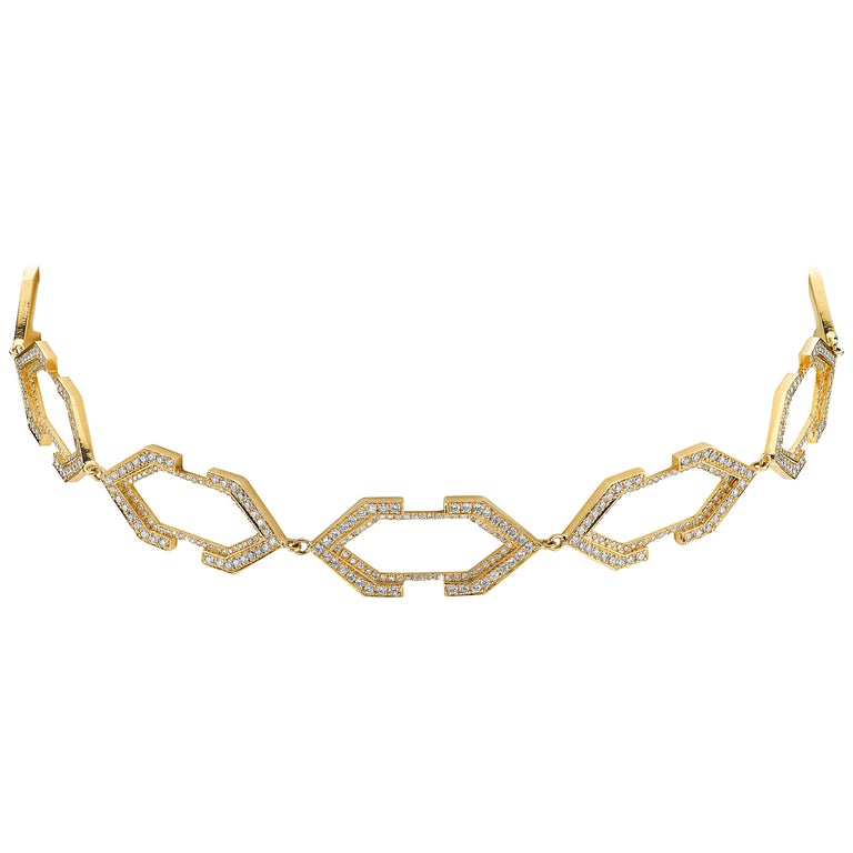 18 Karat Yellow Gold Diamond Hexagon Geometric Choker For Sale at 1stDibs