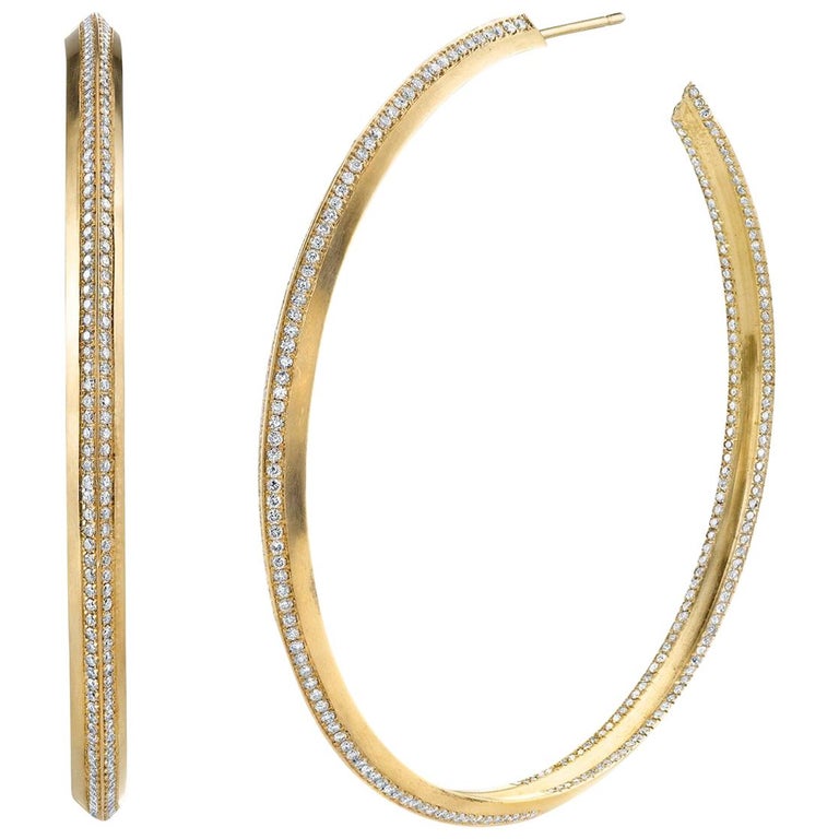 18 Karat Yellow Gold Diamond Line Hoops For Sale at 1stDibs