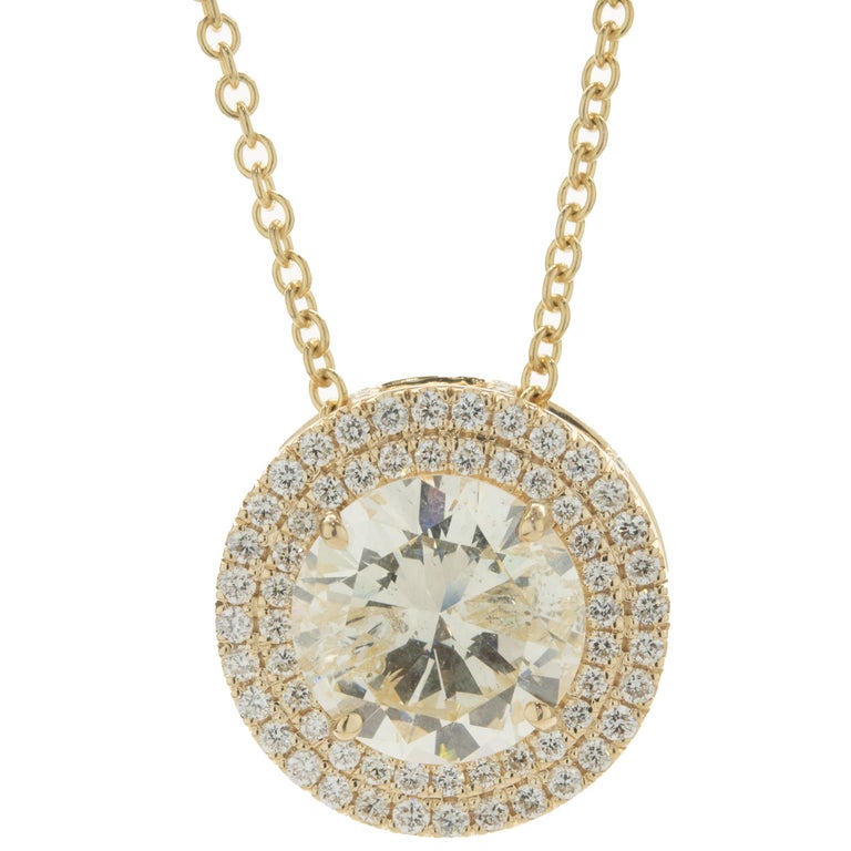 18 Karat Yellow Gold Diamond Necklace with Double Diamond Halo For Sale ...