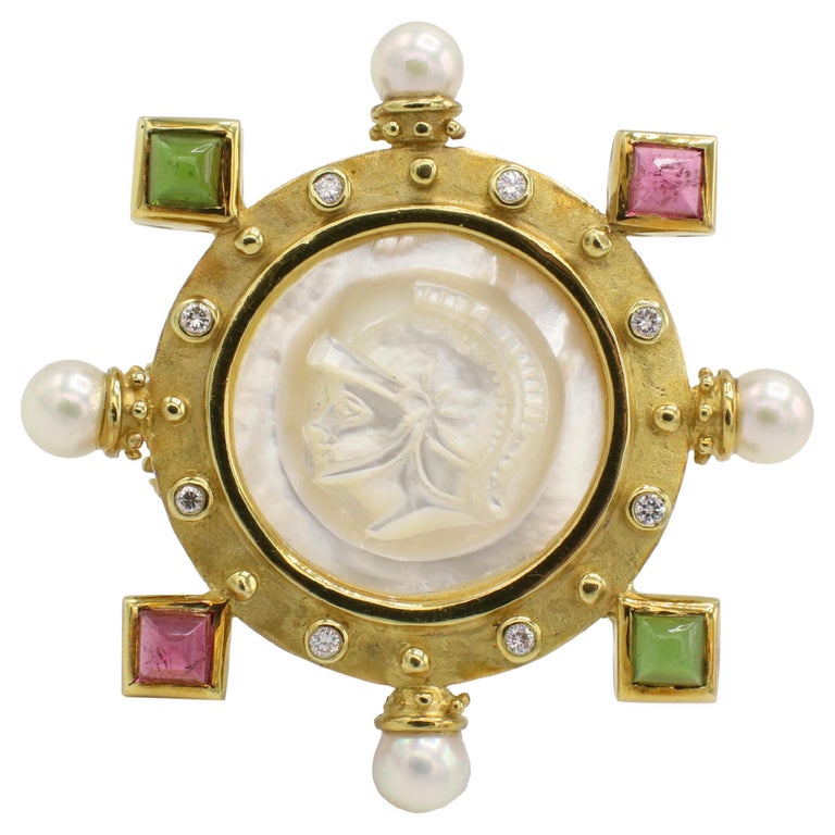 18 Karat Yellow Gold Diamond, Pearl and Tourmaline Intaglio Brooch Pin ...