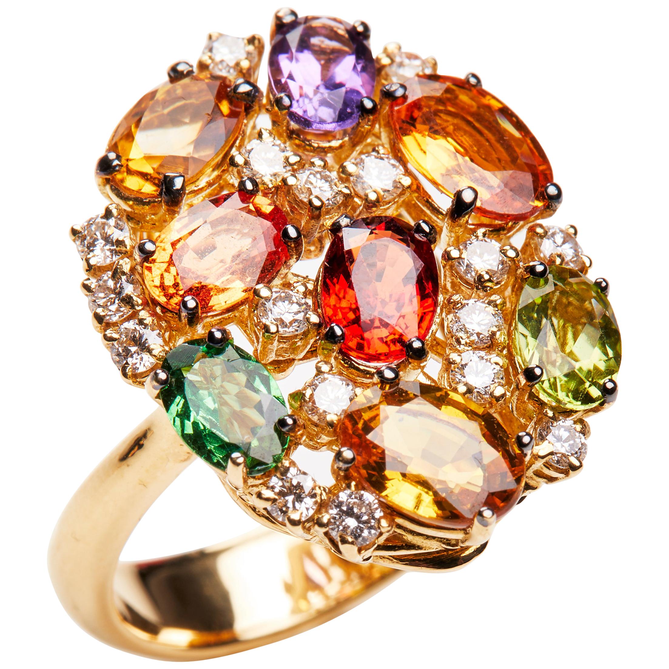 18 Karat Gold Diamond Peridot Garnet Amethyst and Sapphire Cluster ...