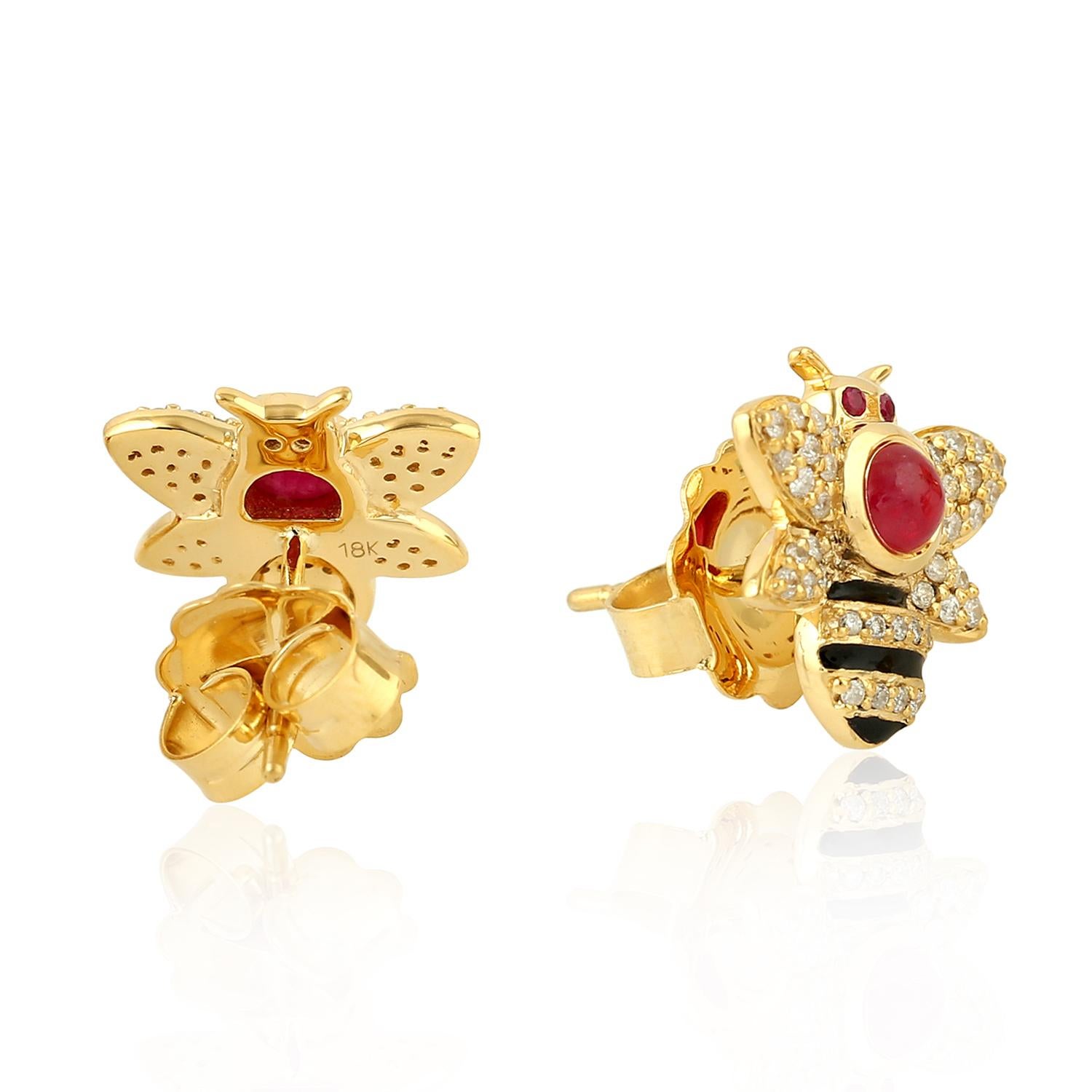 18 Karat Yellow Gold Diamond Ruby Bee Stud Earrings at 1stDibs | gucci bee stud earrings, gucci ...