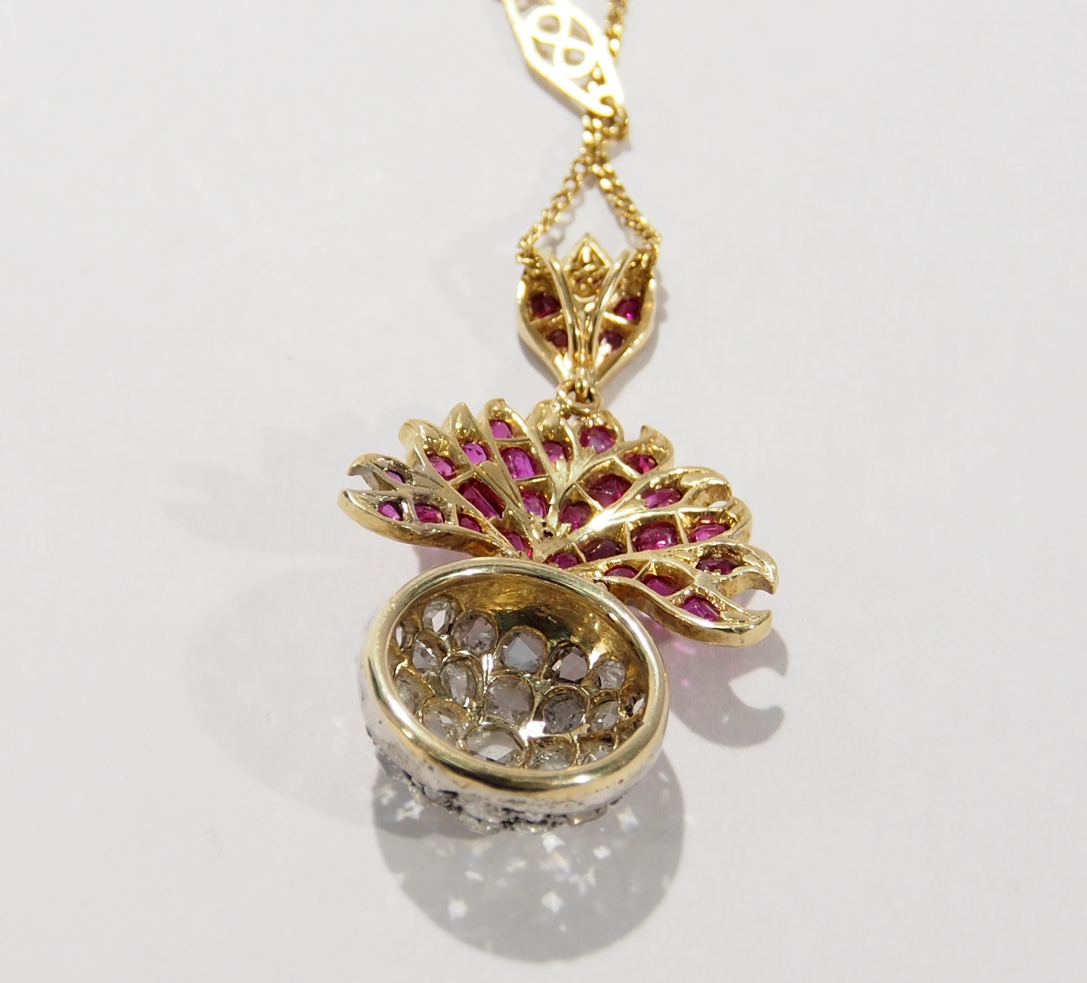 18 Karat Yellow Gold Diamond Ruby Pendant Necklace Vintage at 1stDibs