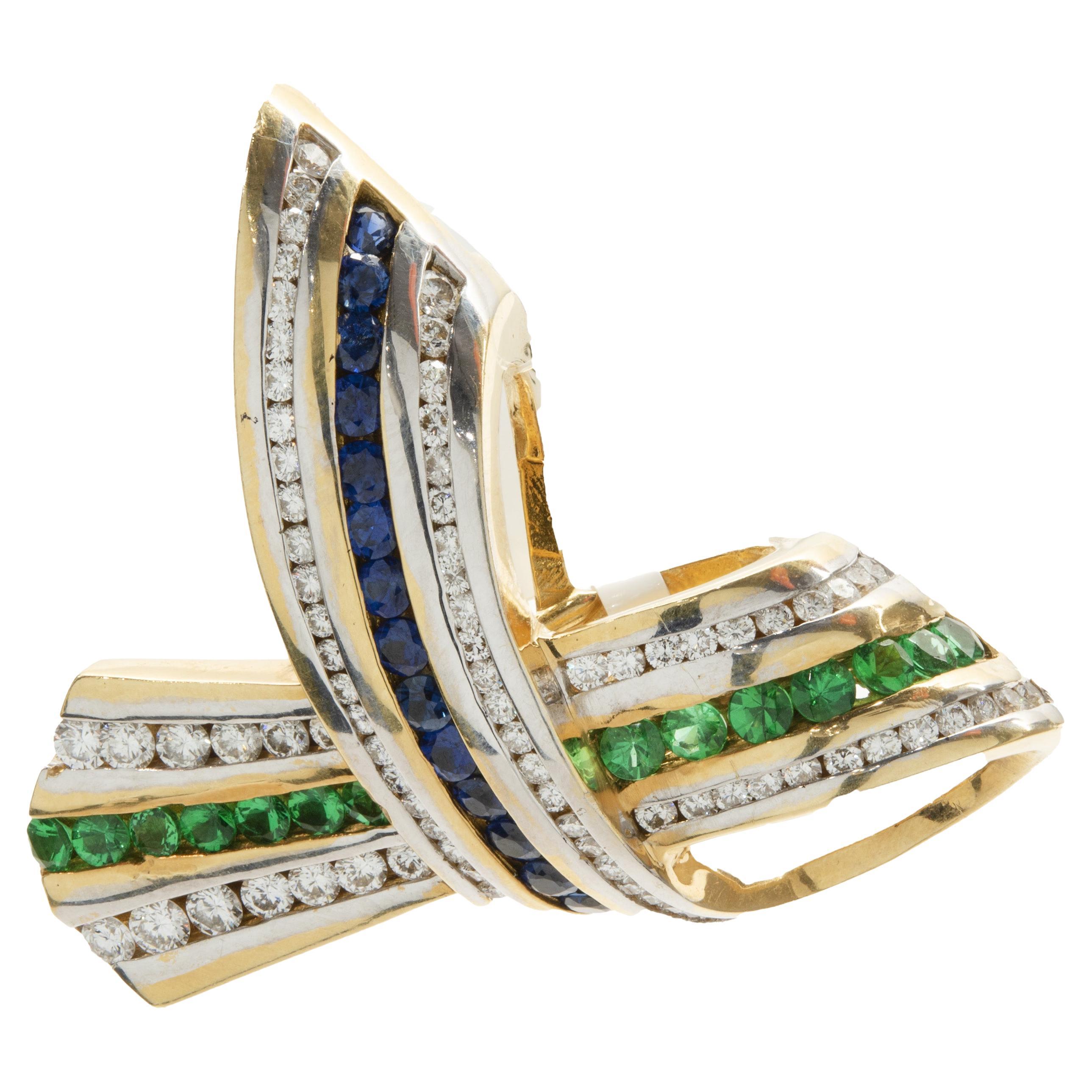 18 Karat Yellow Gold Diamond, Sapphire, and Emerald Geometric Slide ...