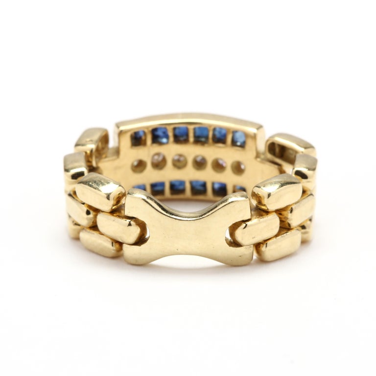 18 Karat Yellow Gold Diamond and Sapphire Chain Link Ring at 1stDibs