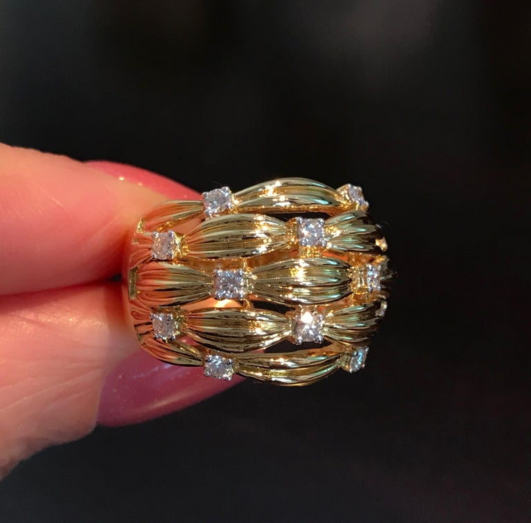 18 Karat Yellow Gold Diamond Set Basket Weave Dress Ring For Sale at ...
