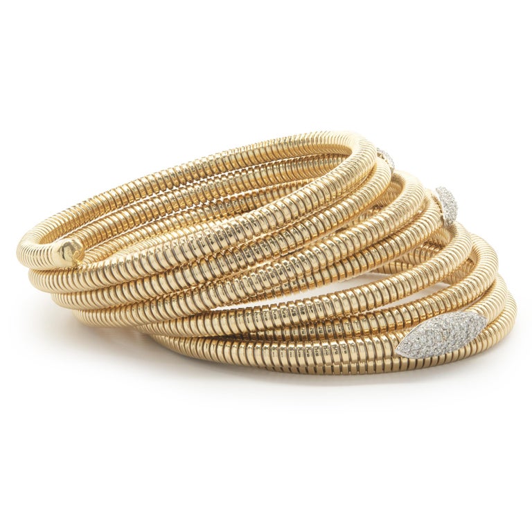 18 Karat Yellow Gold Diamond Slinky Bracelet with Three Pave Diamond ...