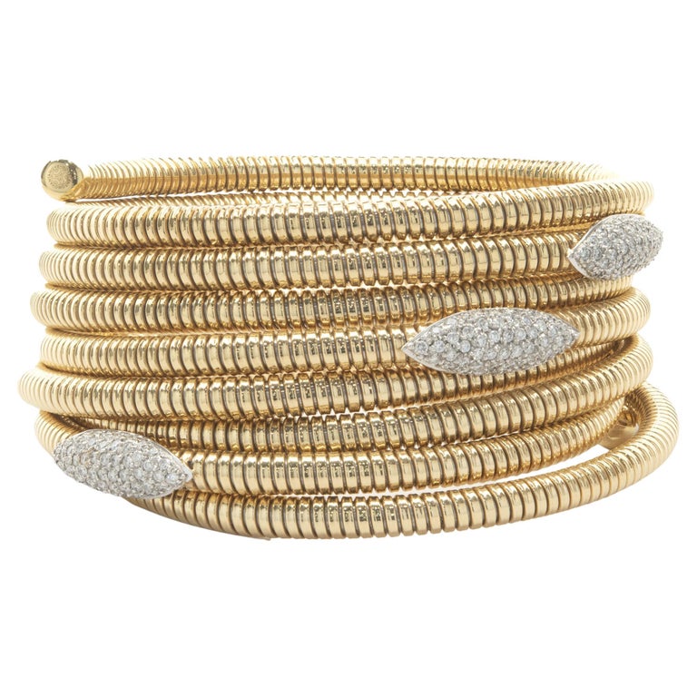 18 Karat Yellow Gold Diamond Slinky Bracelet with Three Pave Diamond ...