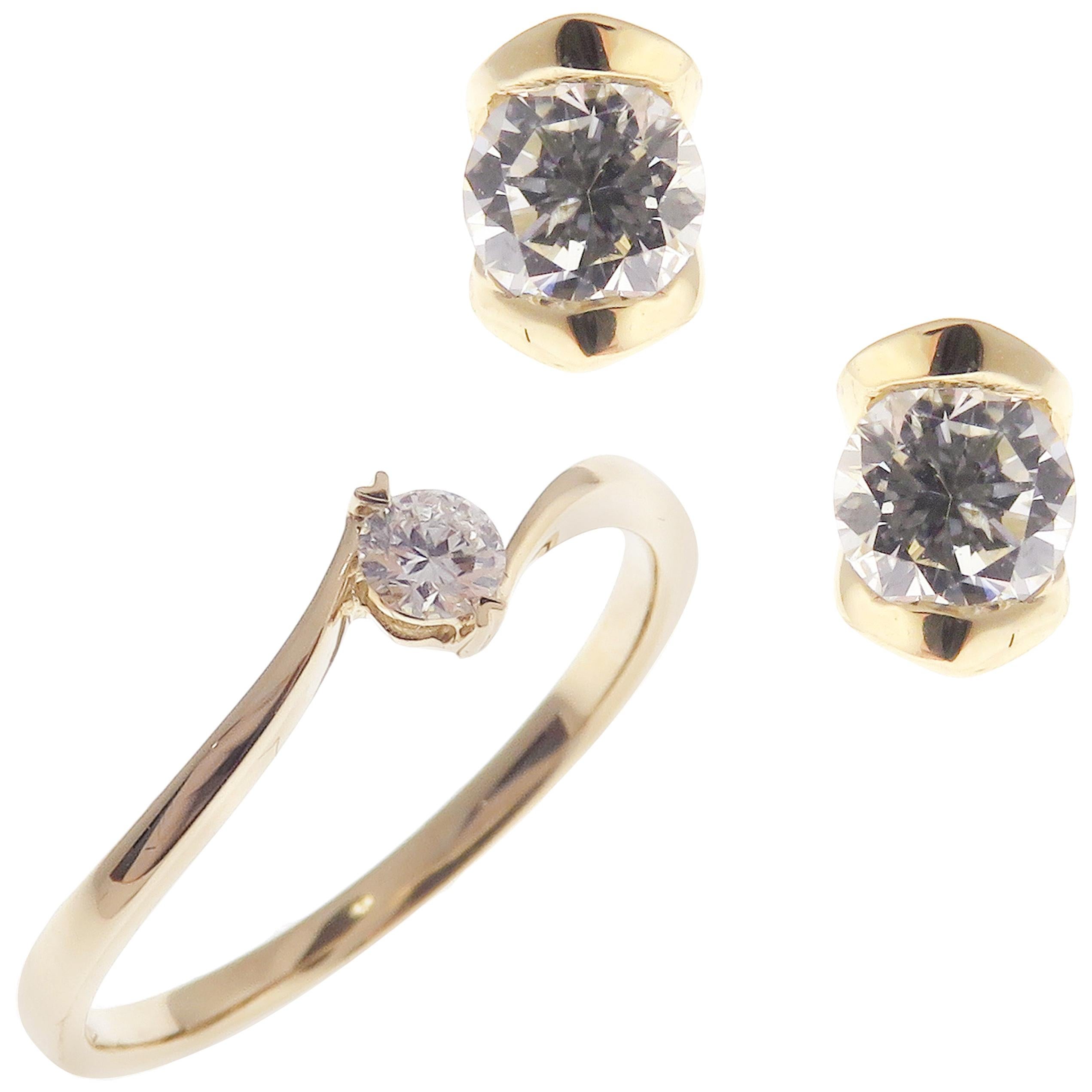 18 Karat Yellow Gold Diamond Small Round Accent Stud Earring Ring Set ...