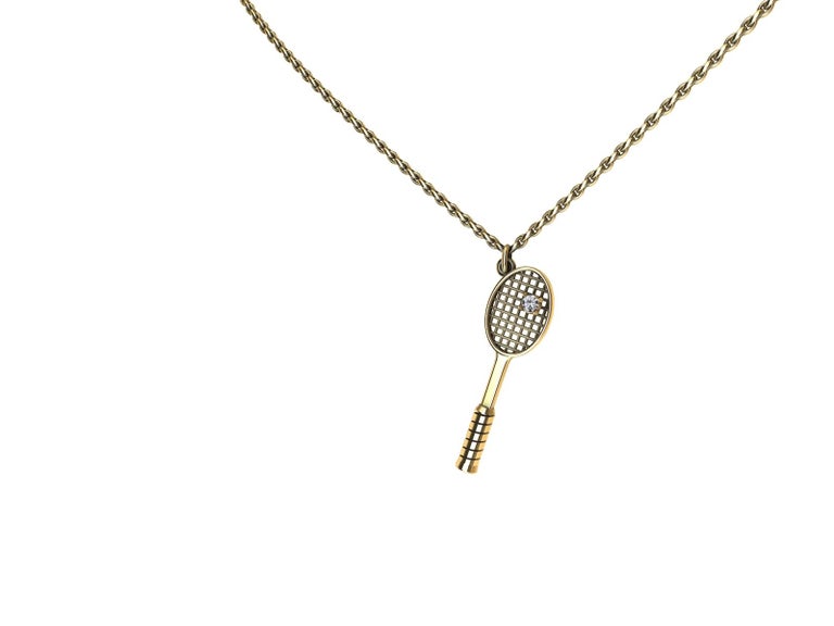 18 Karat Yellow Gold Diamond Tennis Racket Pendant For Sale at 1stDibs
