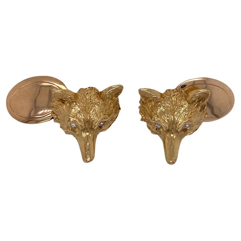18 Karat Yellow Gold Diamond Wolf Men's Vintage Cufflinks at 1stDibs