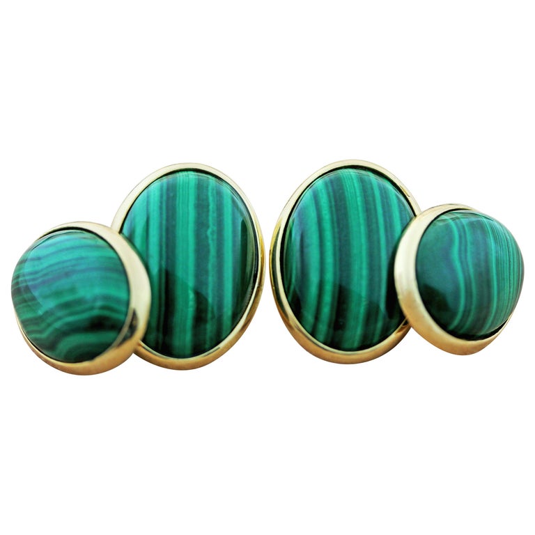 18 Karat Yellow Gold Double Oval Malachite Cufflinks For Sale at 1stDibs