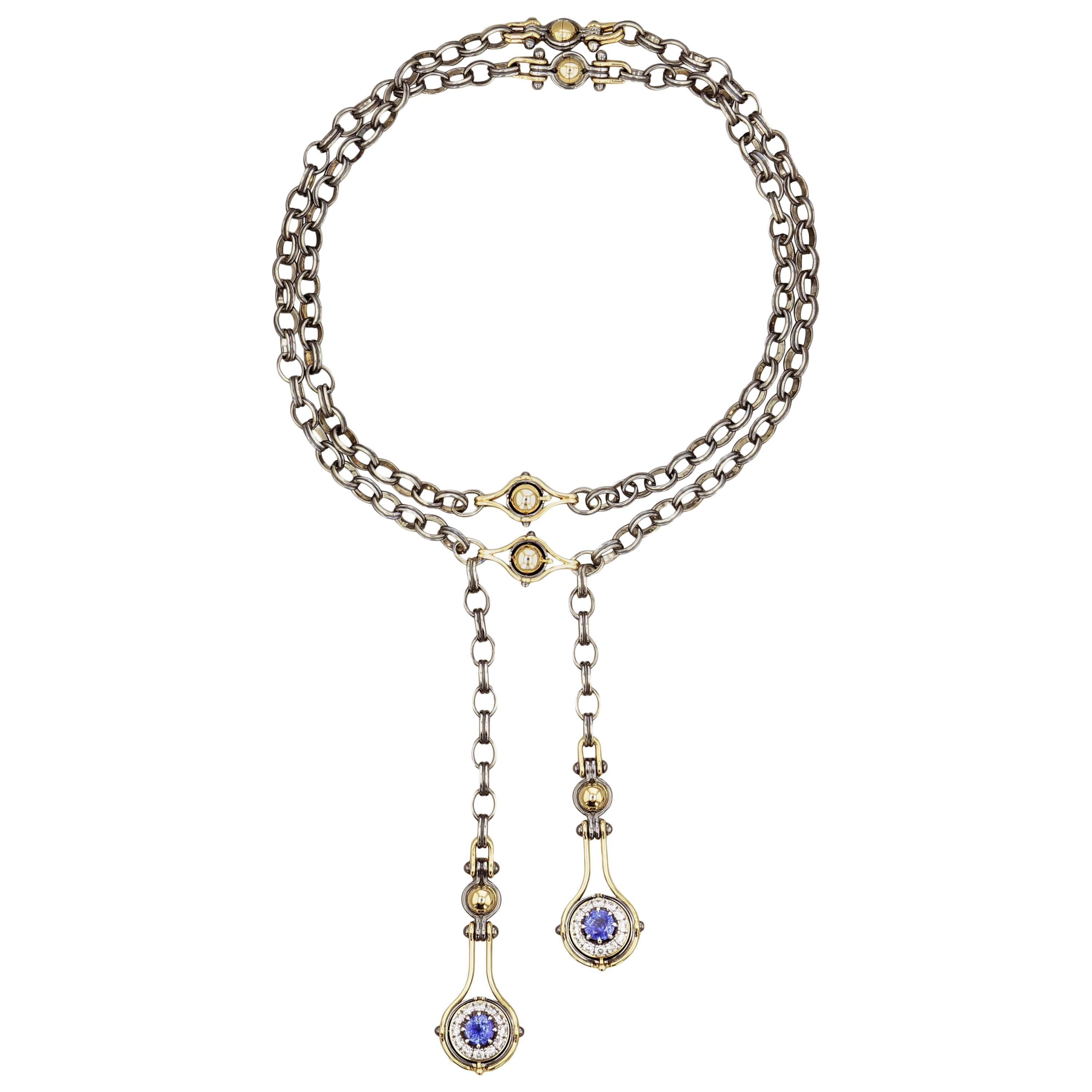Blue Sapphire and Diamond Drop Necklace For Sale at 1stDibs
