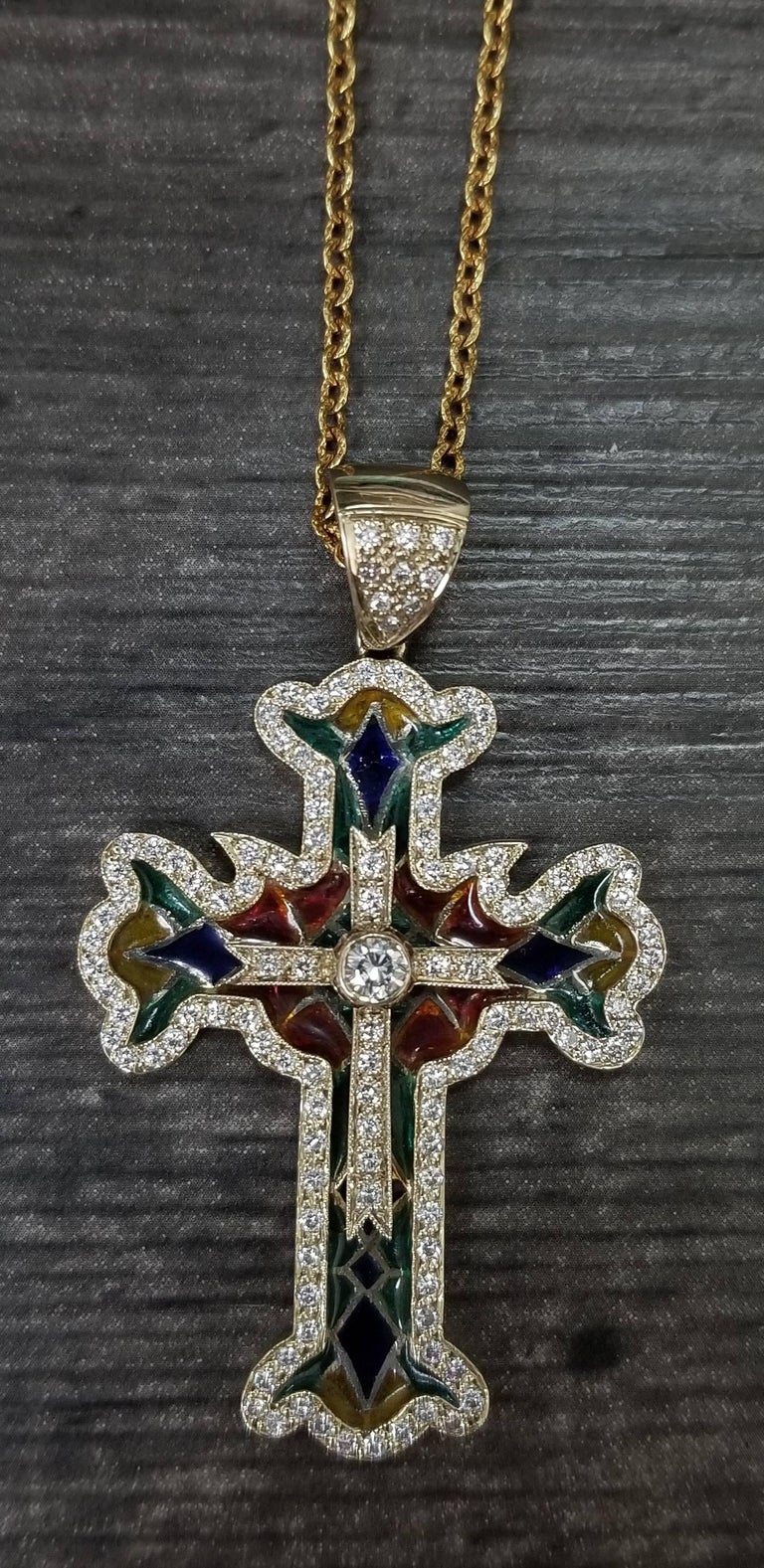 18 Karat Yellow Gold Enamel and Diamond Cross For Sale at 1stDibs