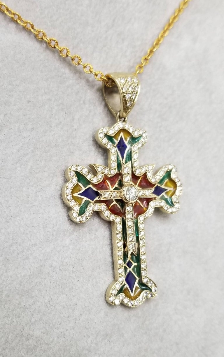 18 Karat Yellow Gold Enamel and Diamond Cross For Sale at 1stDibs