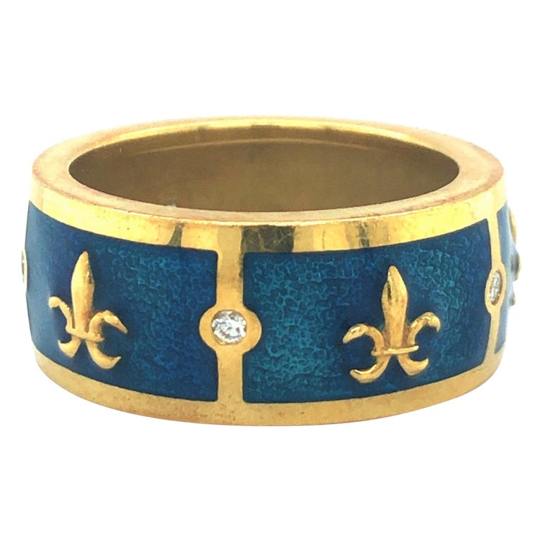 18 Karat Yellow Gold Enamel and Diamond Vintage Fleur-de-Lis Band Ring ...