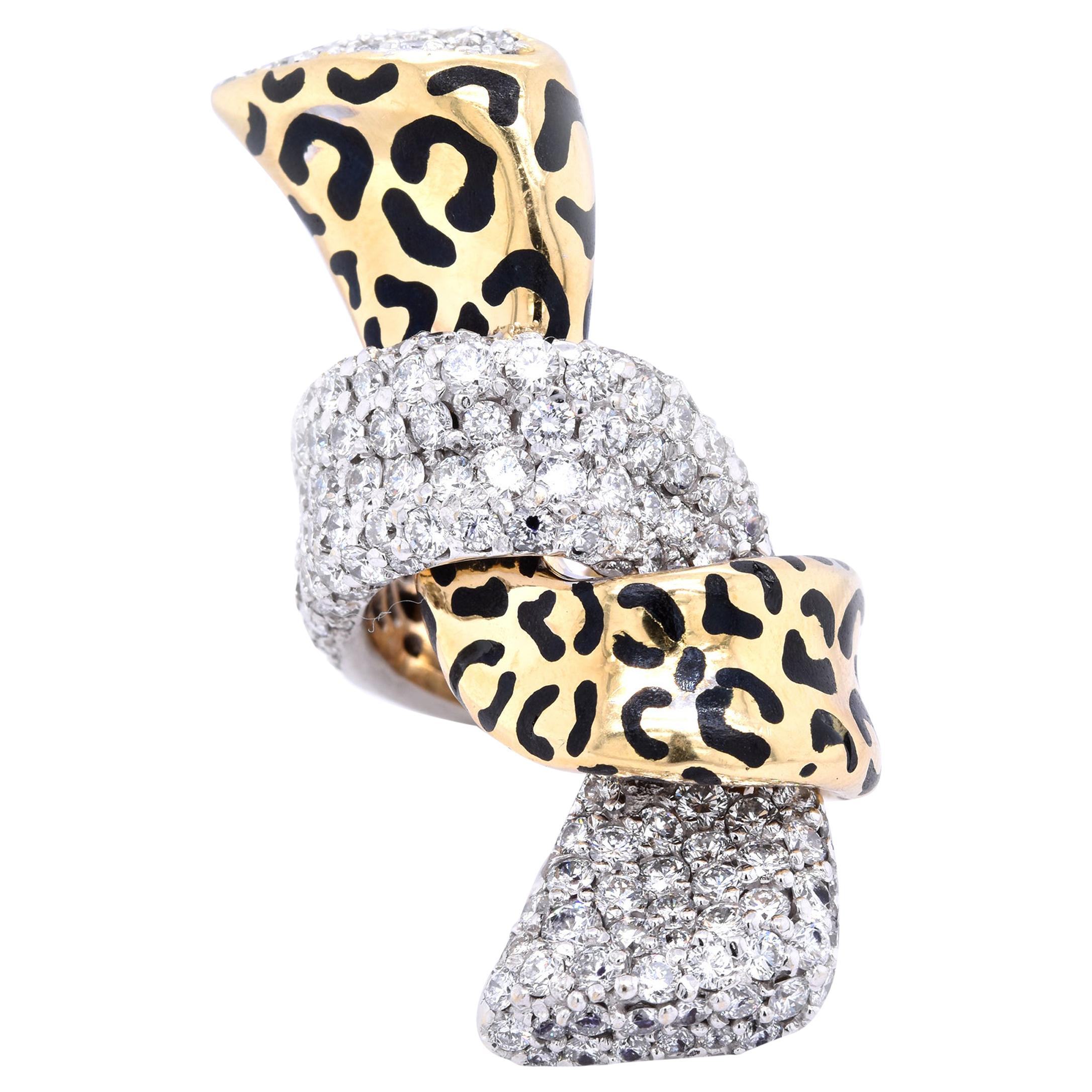 Diamonds, 18 Karat White and Enamel Gold Cheetah Ring at 1stDibs