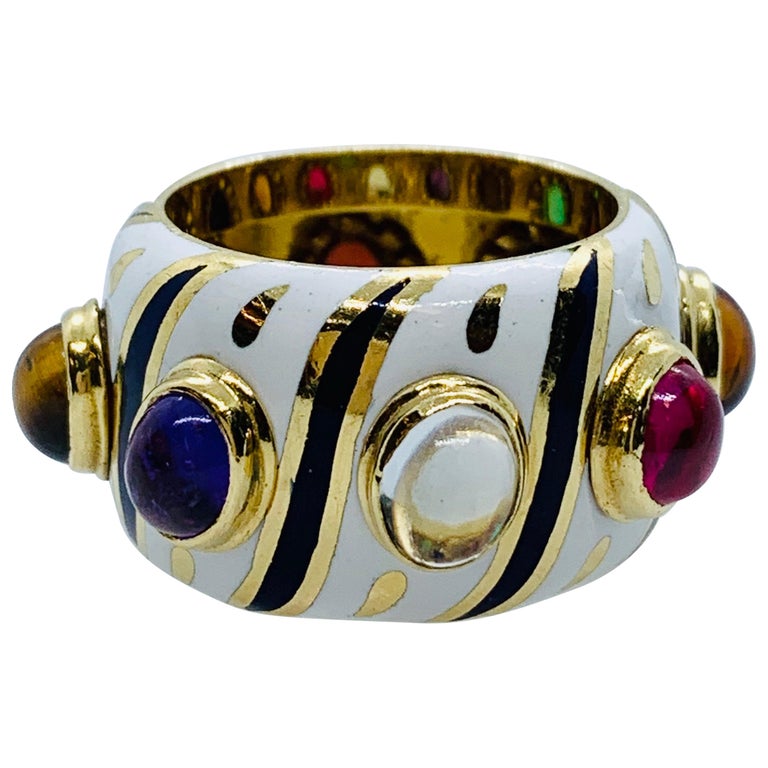 18 Karat Yellow Gold Enamel Multi-Colored Gemstone Band Ring For Sale ...