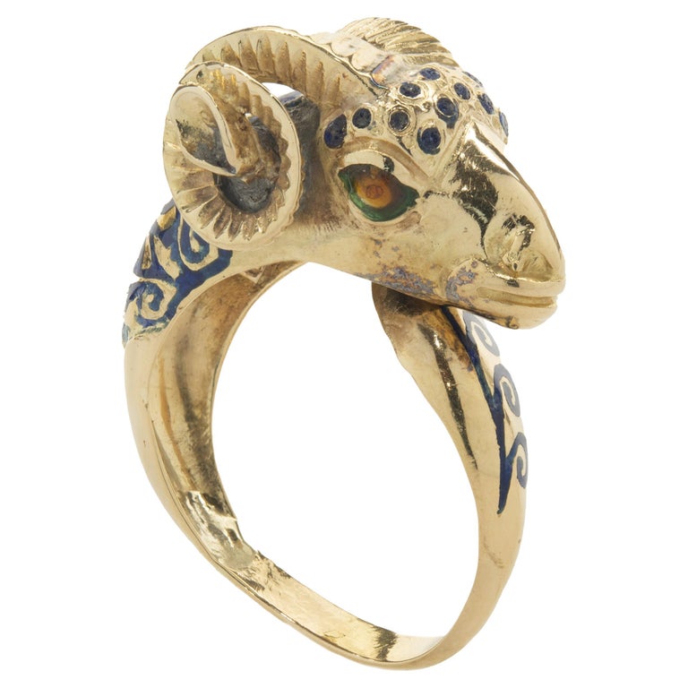 18 Karat Yellow Gold Enamel Ram Head Ring For Sale at 1stDibs