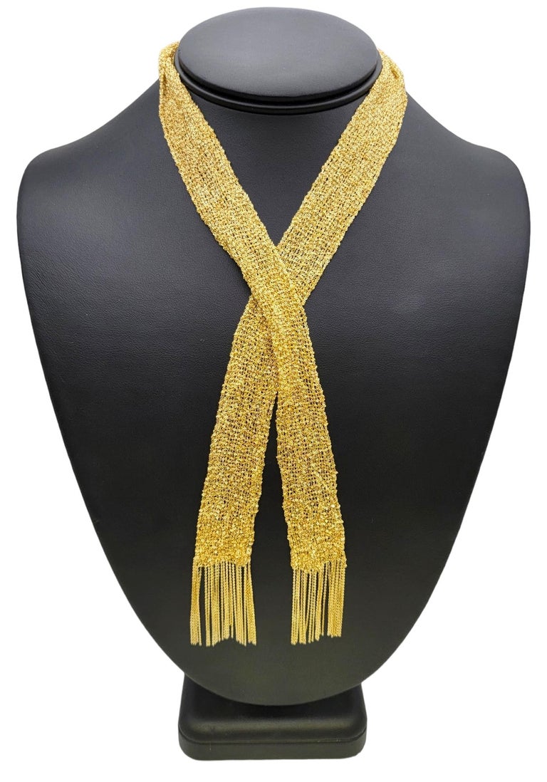 18 Karat Yellow Gold Fine Knitted Mesh Tasseled Self Tie Scarf Necklace ...