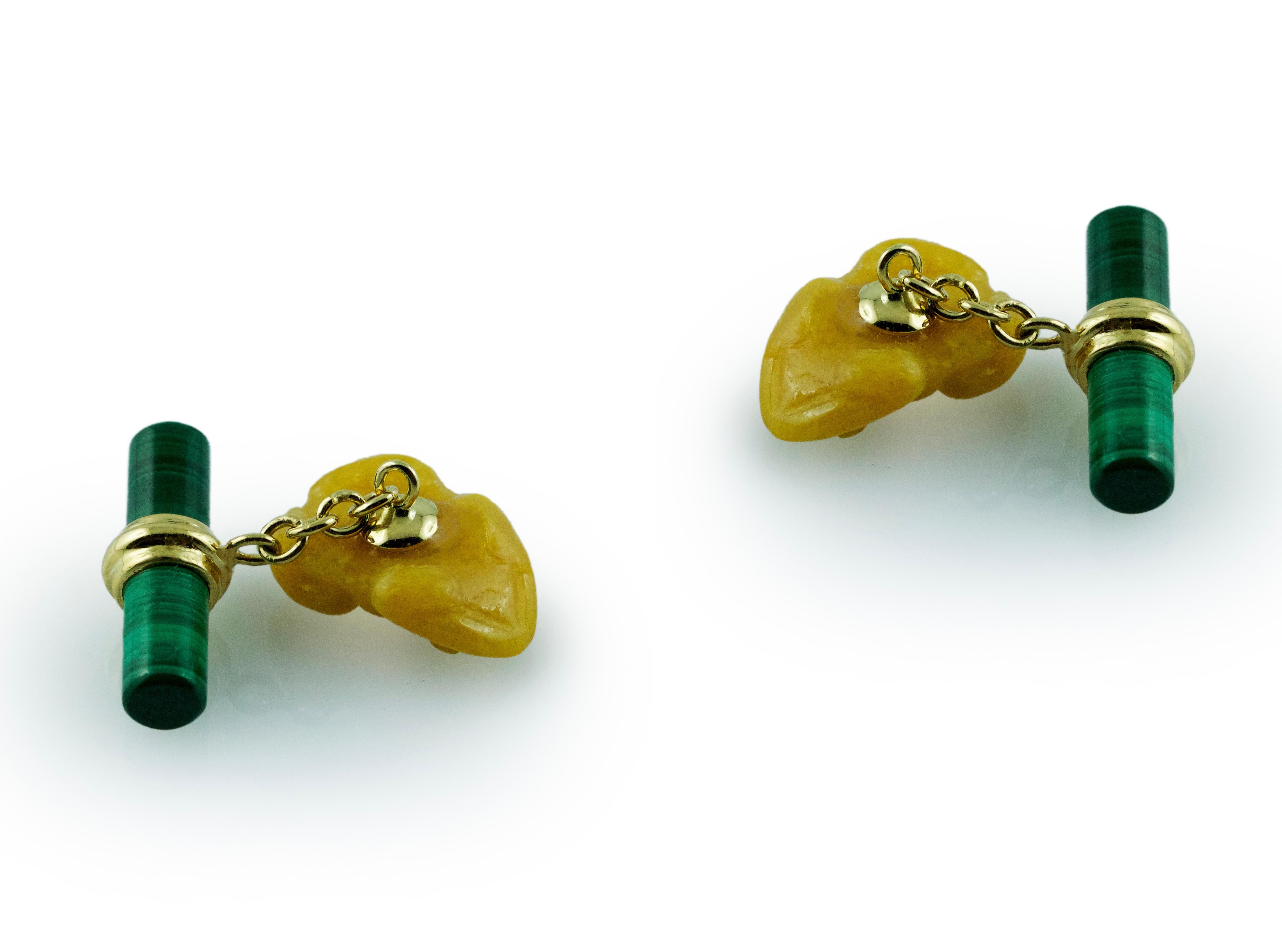 18 Karat Yellow Gold Frog Cufflinks in Yellow Jade and Malachite For ...