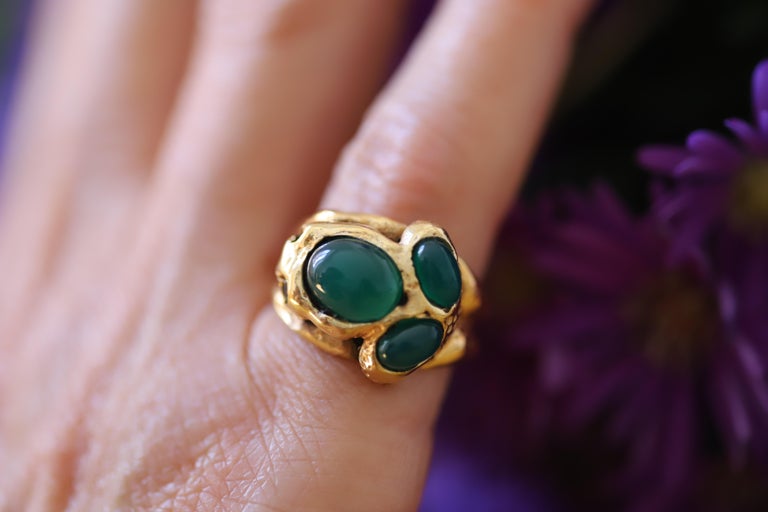 18 Karat Yellow Gold Frog Green Agate Tzavorite Eyes Pinky Design Ring ...