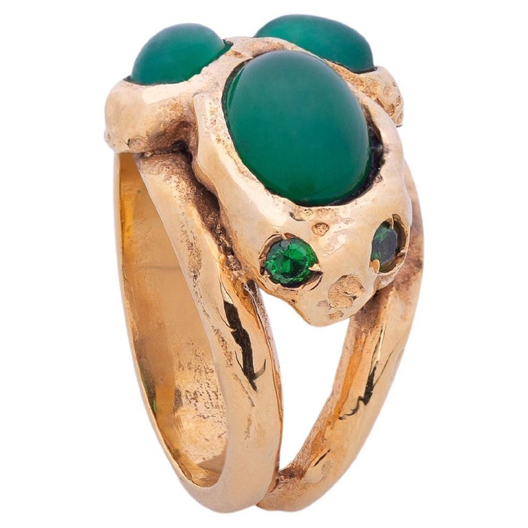 18 Karat Yellow Gold Frog Green Agate Tzavorite Eyes Pinky Design Ring ...