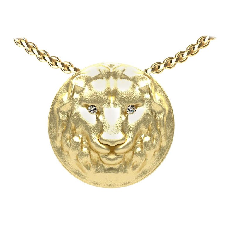 18 Karat Yellow Gold GIA Diamond Lion Men's Chain Pendant Necklace For ...