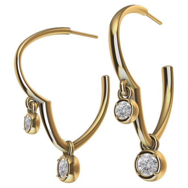 18 Karat Yellow Gold GIA Diamond Soft Angled Dangle Sculpture Hoops For ...