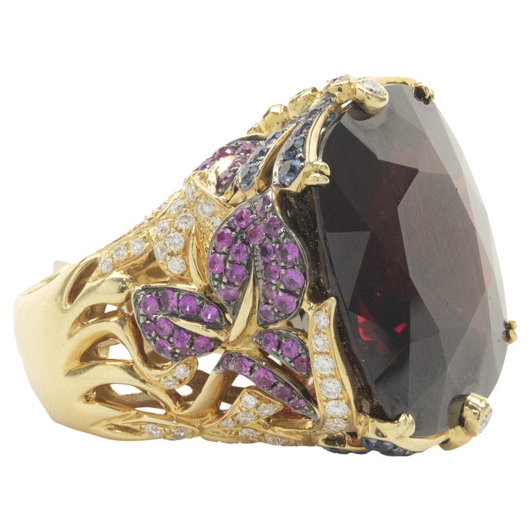 18 Karat Yellow Gold Hessonite Garnet, Sapphire and Diamond Cocktail ...