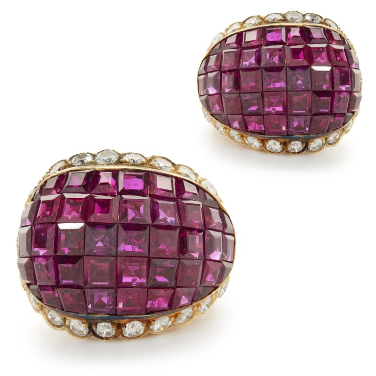18 Karat Yellow Gold Invisible Set Ruby and Diamond Dome Earrings For ...