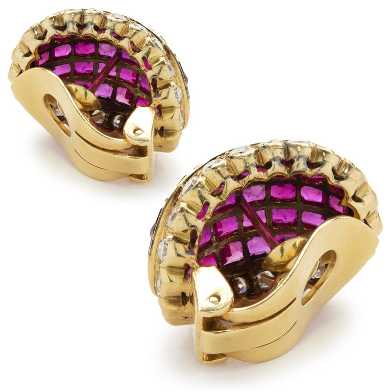 18 Karat Yellow Gold Invisible Set Ruby and Diamond Dome Earrings For ...