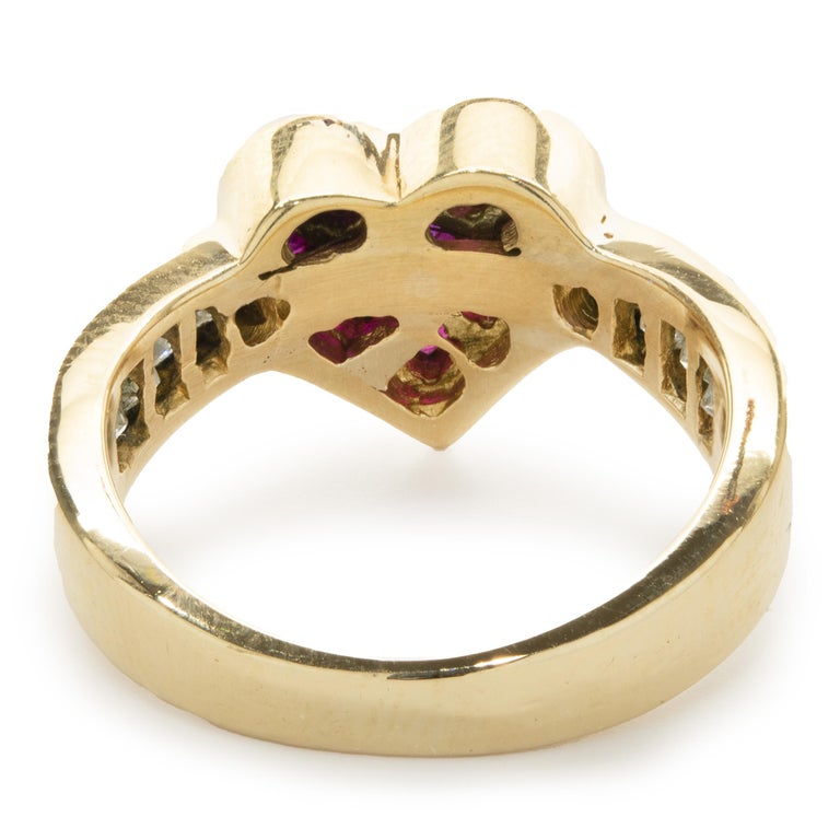 18 Karat Yellow Gold Invisible Set Ruby and Diamond Heart Ring For Sale ...