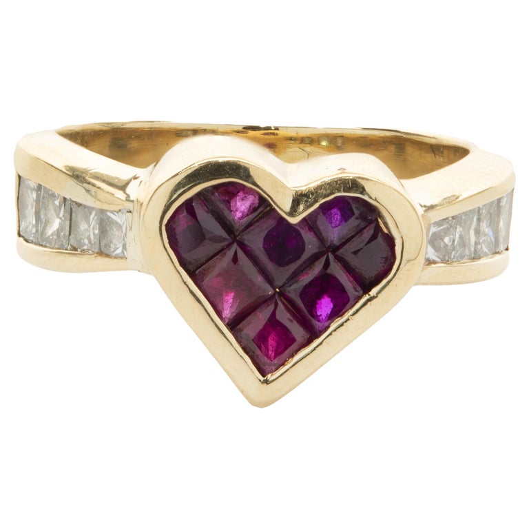18 Karat Yellow Gold Invisible Set Ruby and Diamond Heart Ring For Sale ...