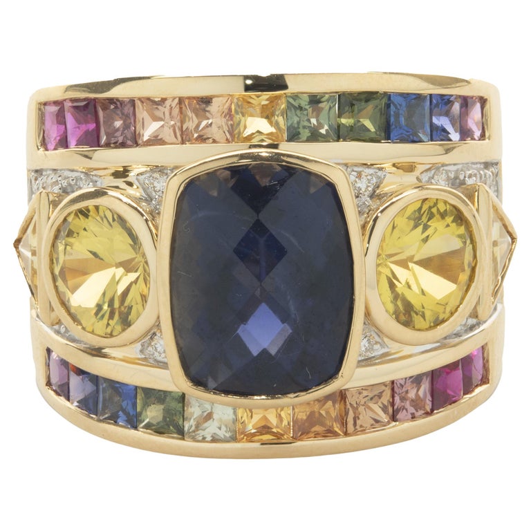18 Karat Yellow Gold Iolite, Rainbow Sapphire, and Diamond Ring For ...