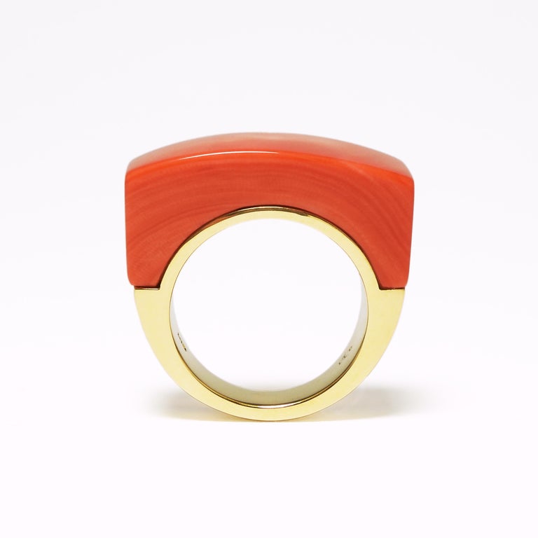18 Karat Yellow Gold Japanese Momoiro Sango Coral Ring with Diamonds ...
